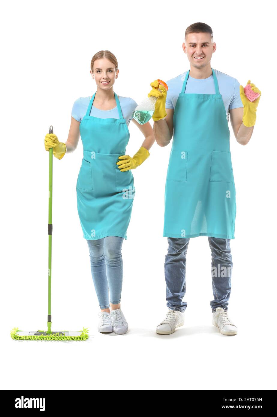 Janitors with cleaning supplies on white background Stock Photo - Alamy