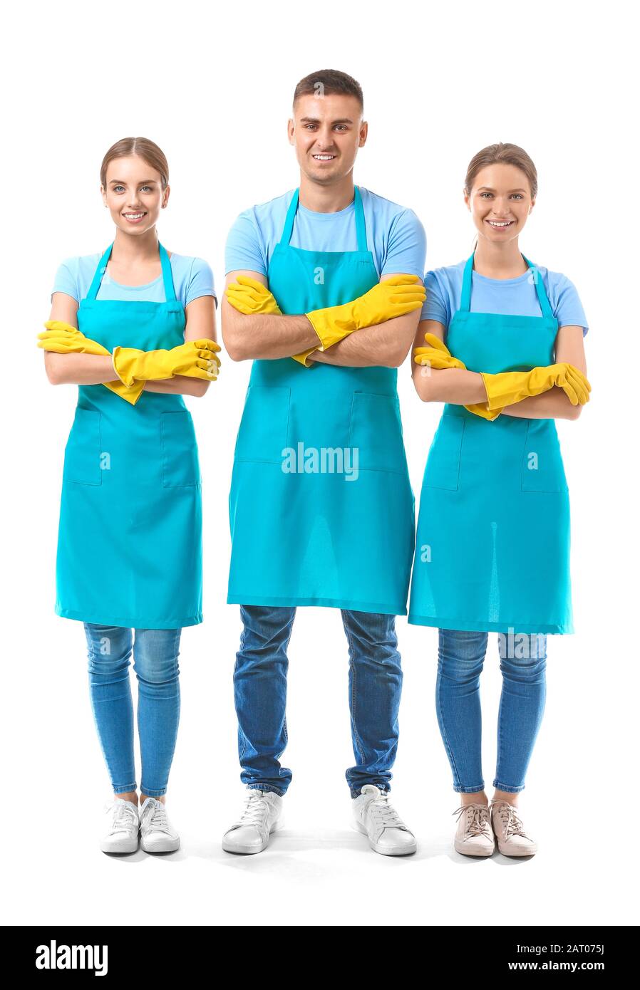 Team of janitors on white background Stock Photo - Alamy