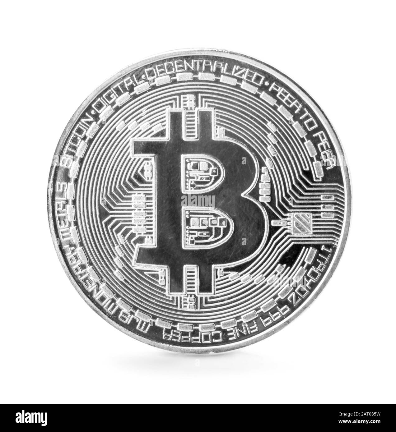 Silver bitcoin on white background Stock Photo - Alamy
