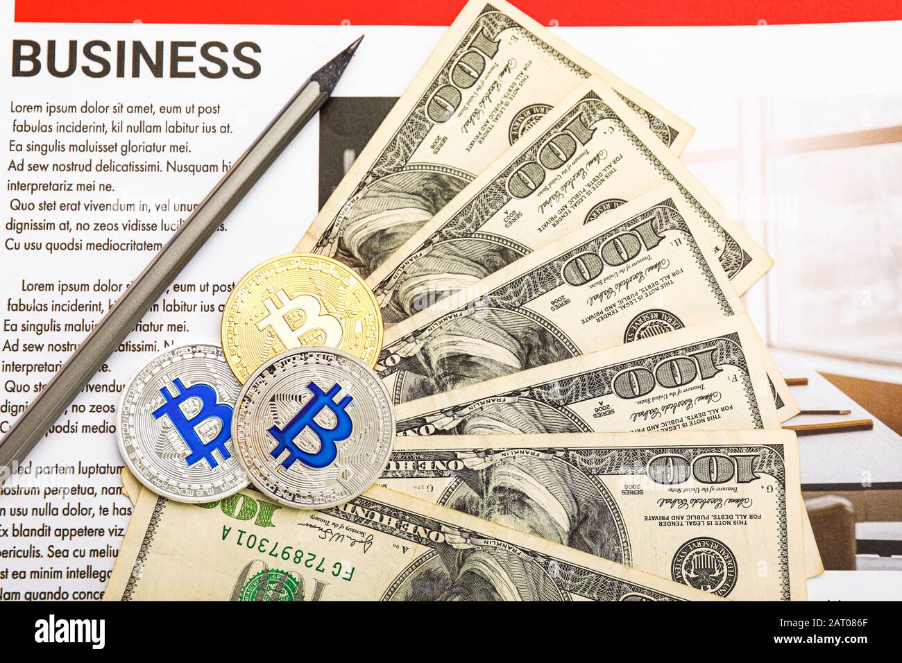 Silver bitcoins dollar bills hi-res stock photography and images - Alamy