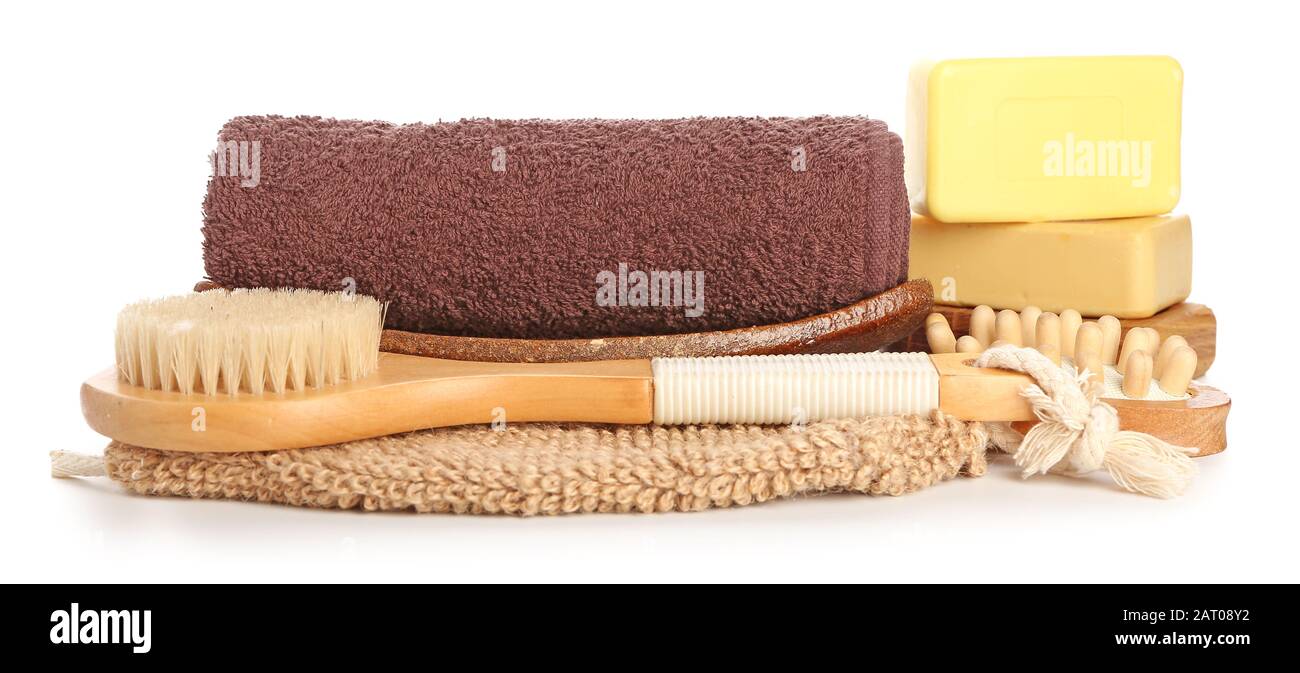 Set of accessories for bath and personal hygiene on white background ...