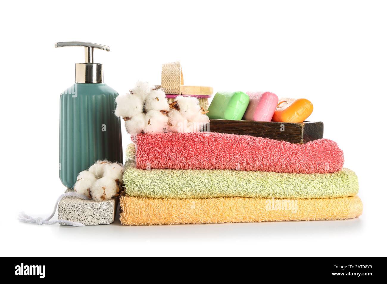 Set of accessories for bath and personal hygiene on white background ...