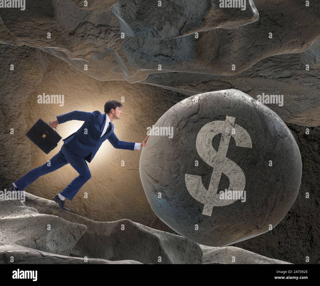 The businessman pushing dollar sign in business concept Stock Photo - Alamy