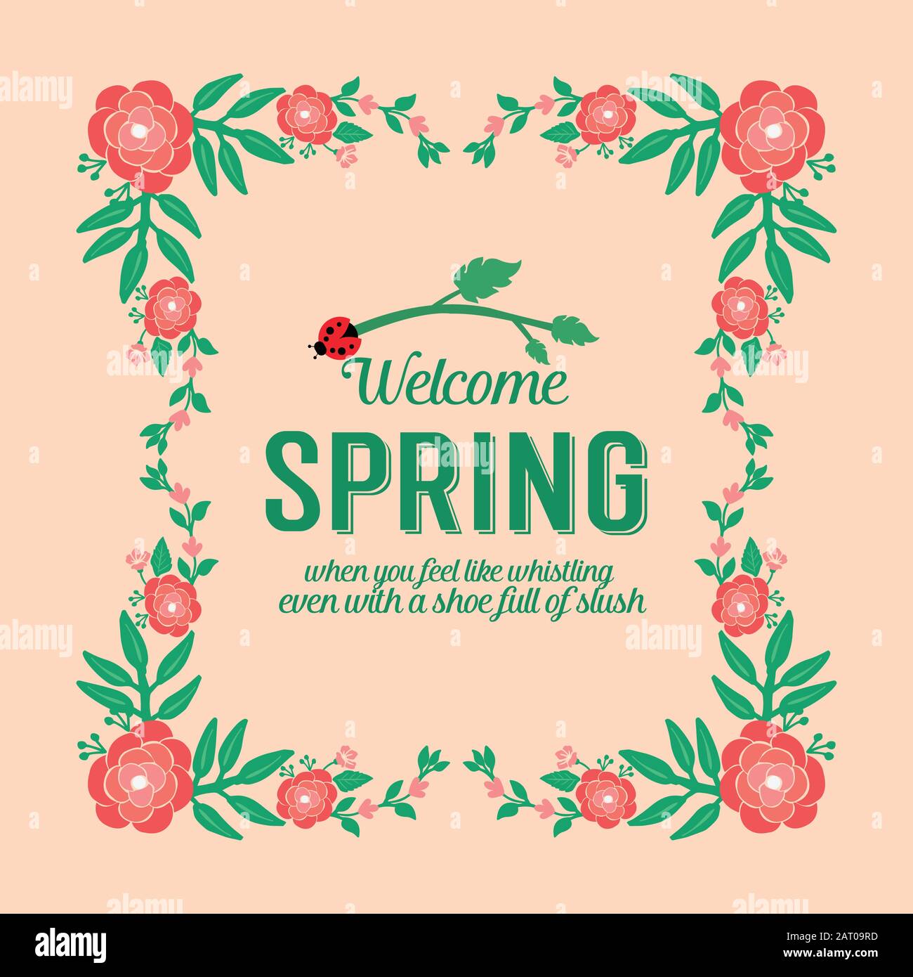 Elegant welcome spring greeting card design, with seamless of leaf and ...