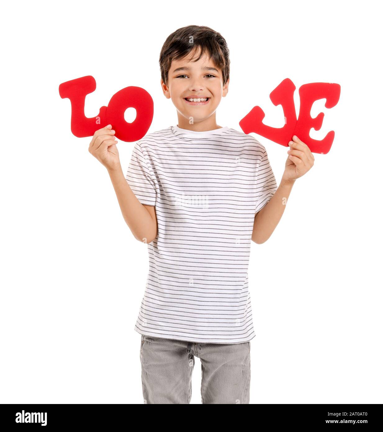 Cute little boy with word LOVE on white background. Valentines Day ...