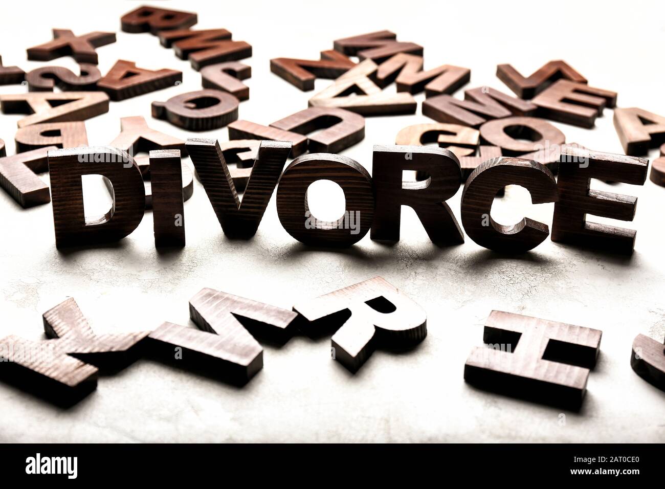 Many letters and word DIVORCE on light background Stock Photo - Alamy