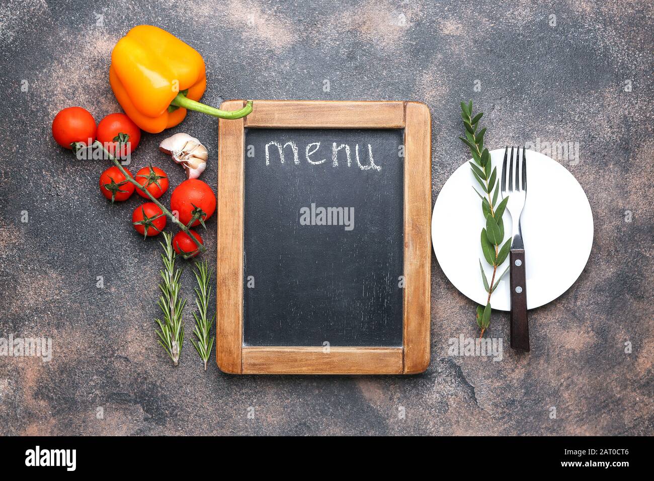 Blank menu and products on grunge background Stock Photo - Alamy