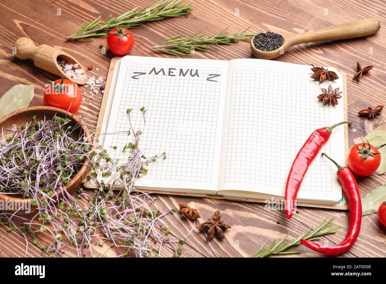 Blank menu, herbs and spices on wooden background Stock Photo - Alamy