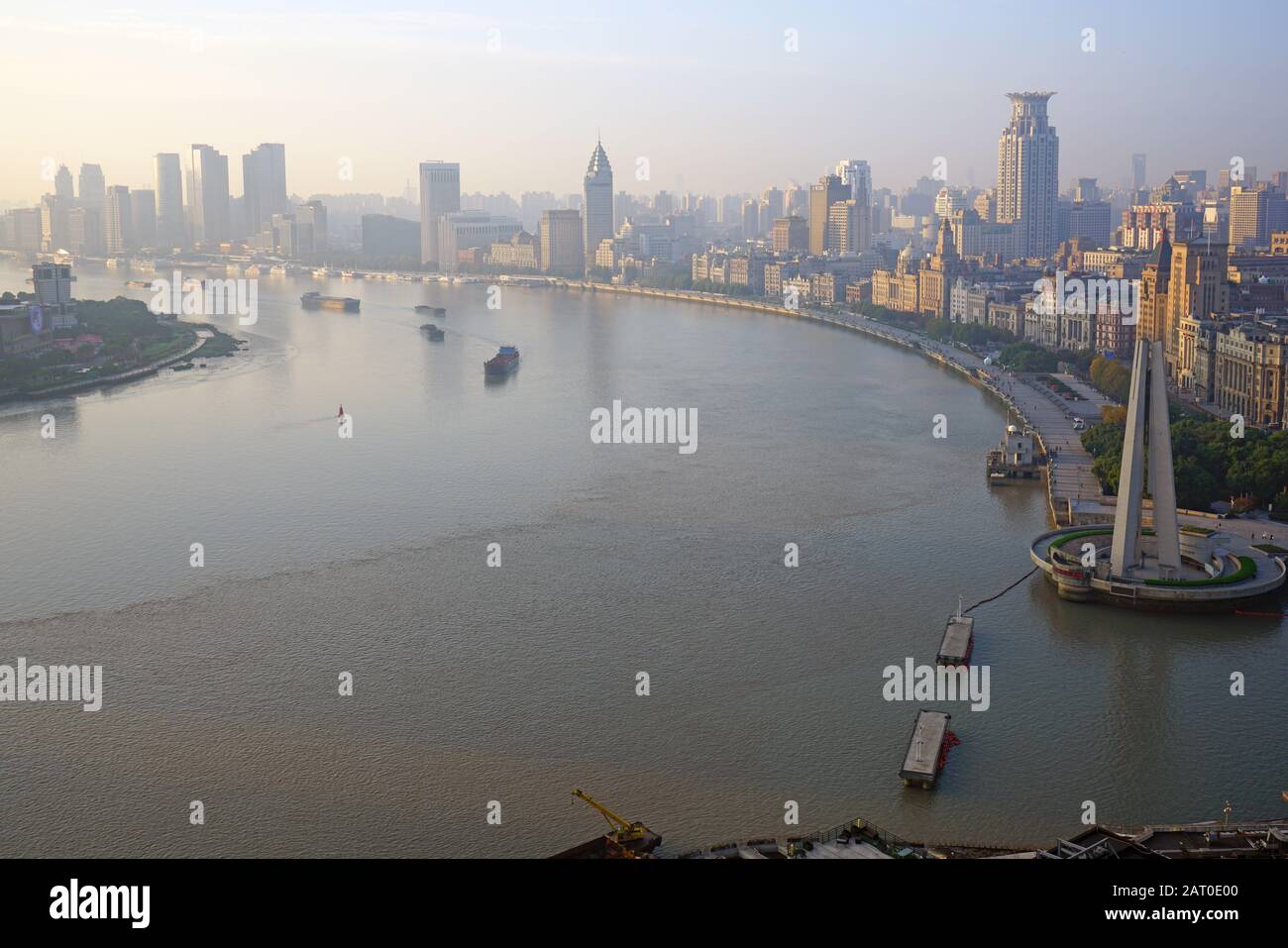 SHANGHAI, CHINA -29 OCT 2019- A landscape view of boats on the Pu River ...