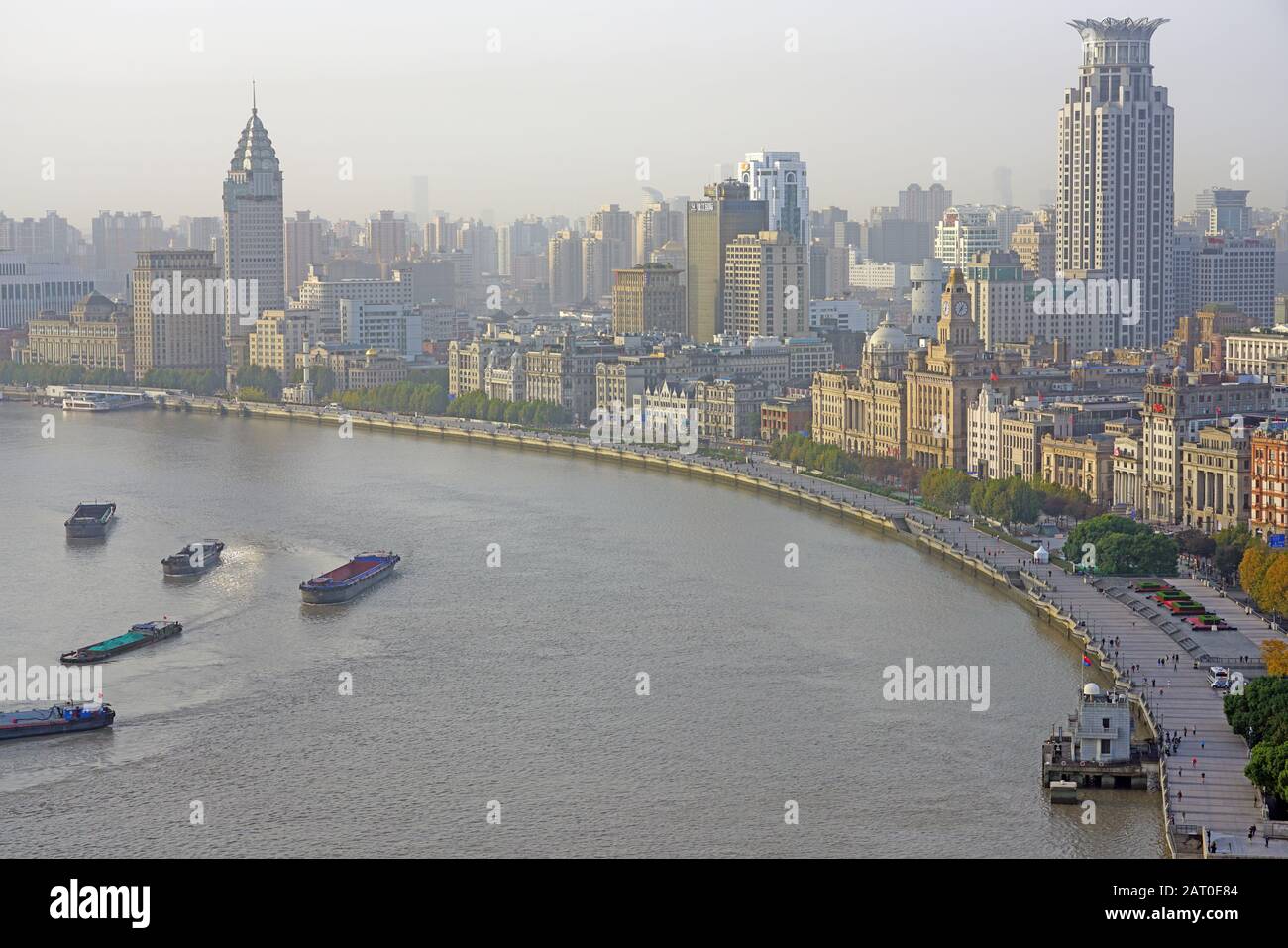SHANGHAI, CHINA -29 OCT 2019- A landscape view of boats on the Pu River ...
