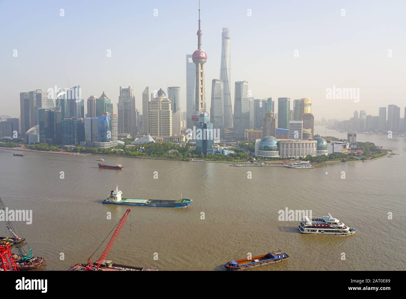 SHANGHAI, CHINA -29 OCT 2019- A landscape view of boats on the Pu River ...