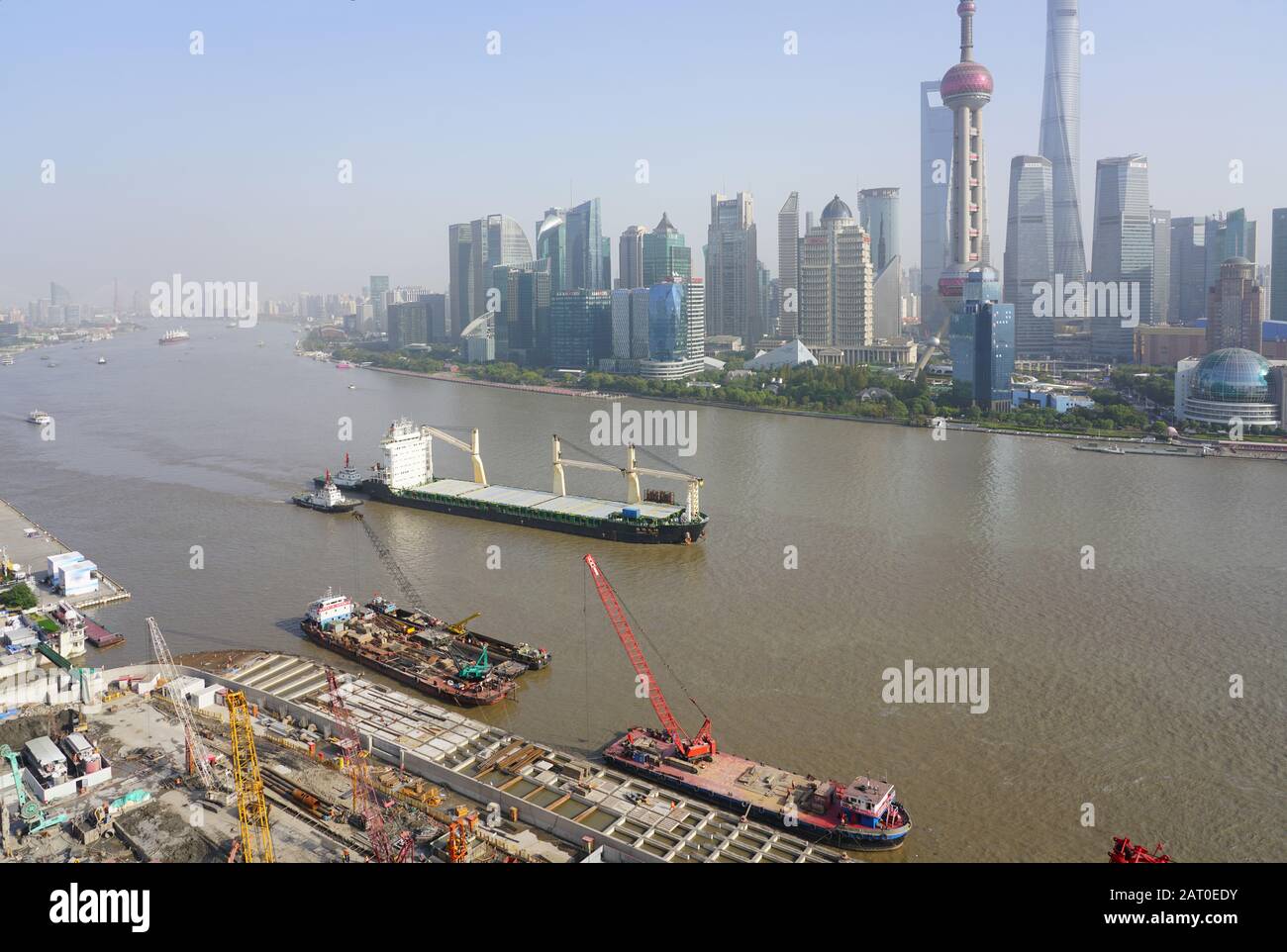 SHANGHAI, CHINA -29 OCT 2019- A landscape view of boats on the Pu River ...