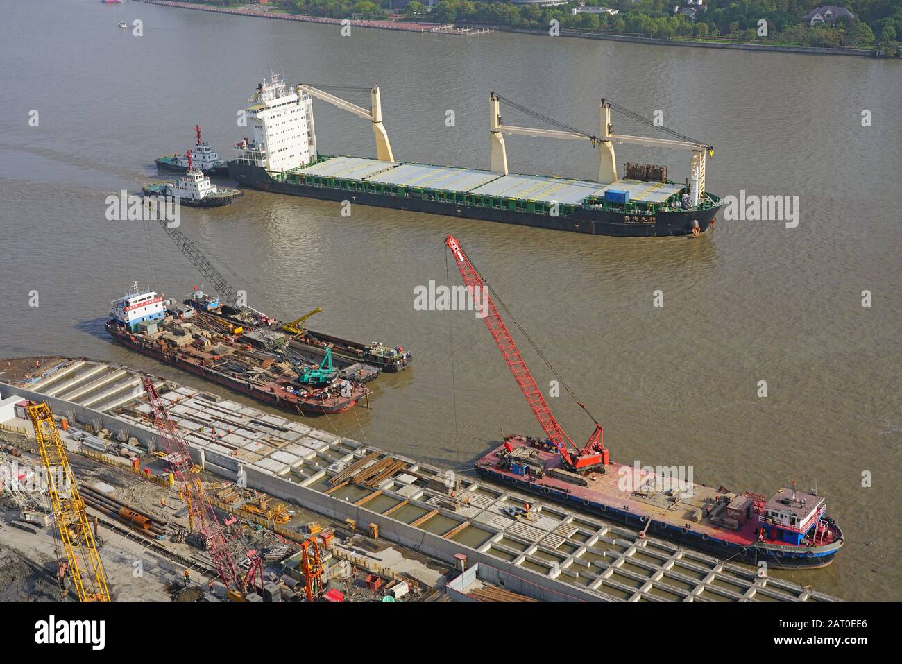 SHANGHAI, CHINA -29 OCT 2019- A landscape view of boats on the Pu River ...