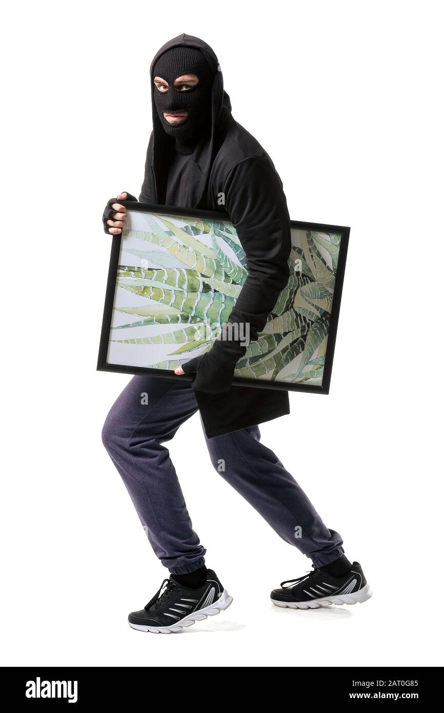 Thief with picture stolen from art gallery on white background Stock ...