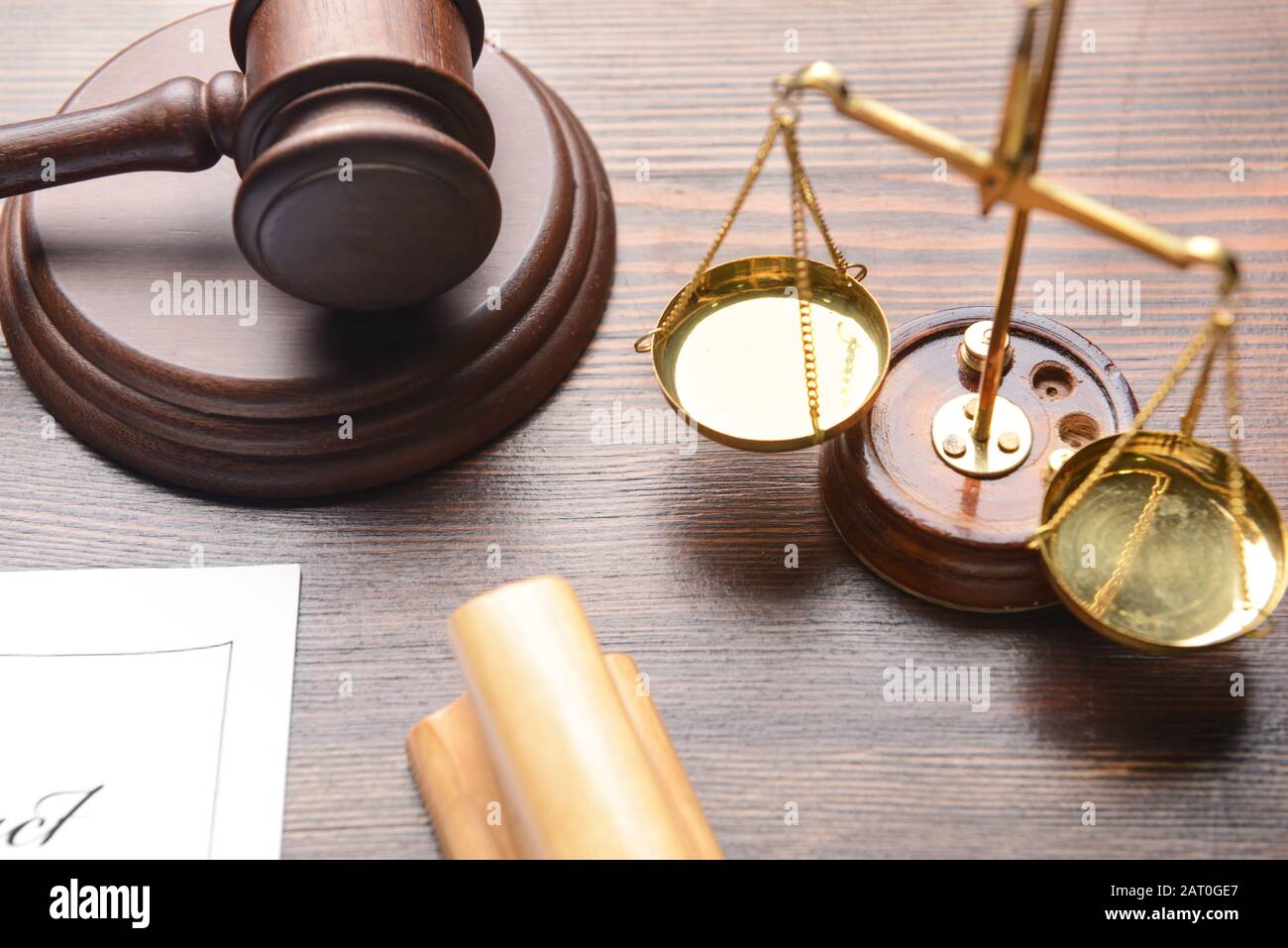 Scales of justice with judge's gavel and lawyer's stamp on table Stock ...