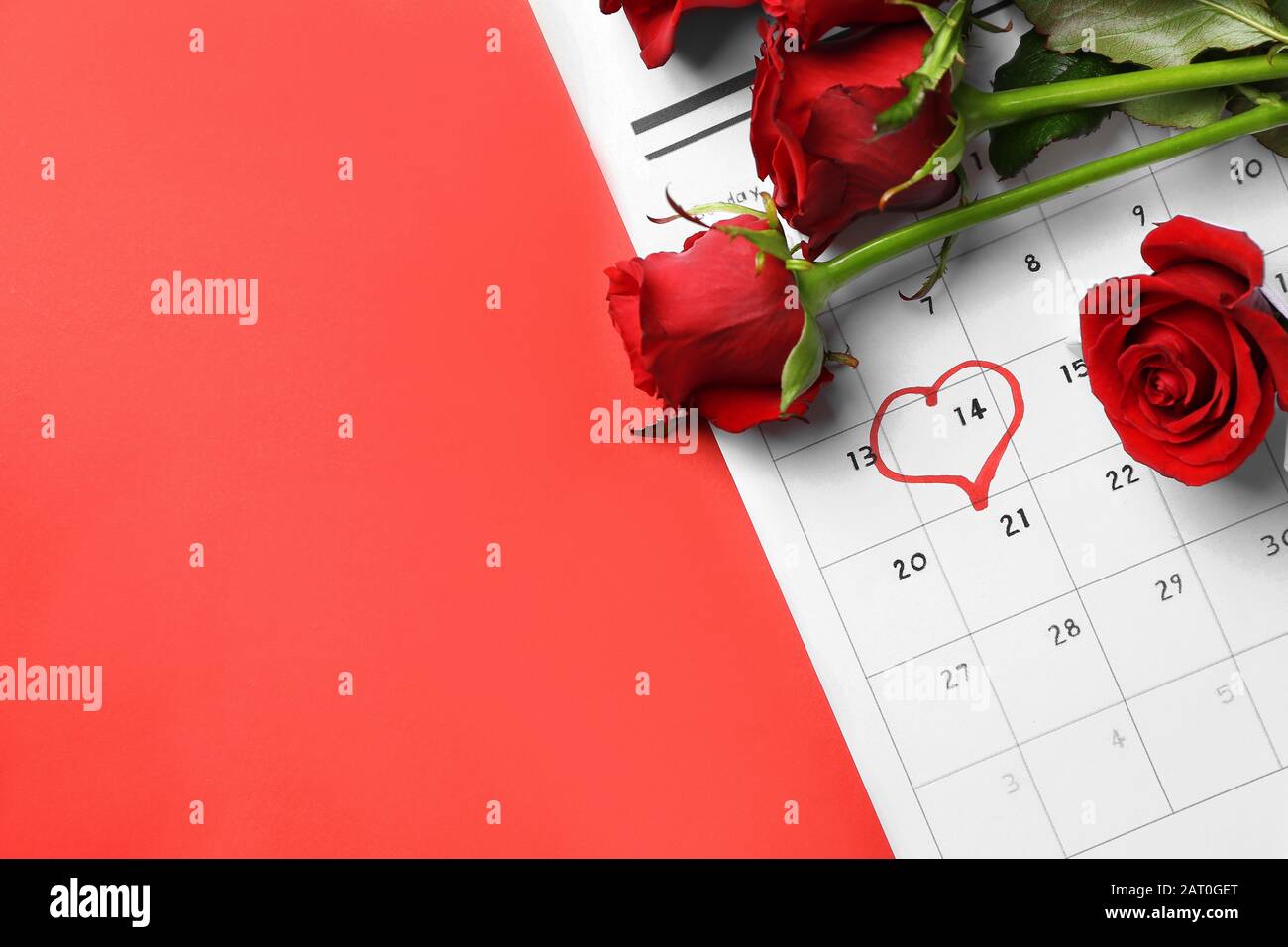Calendar and rose flowers on color background. Valentine's Day ...