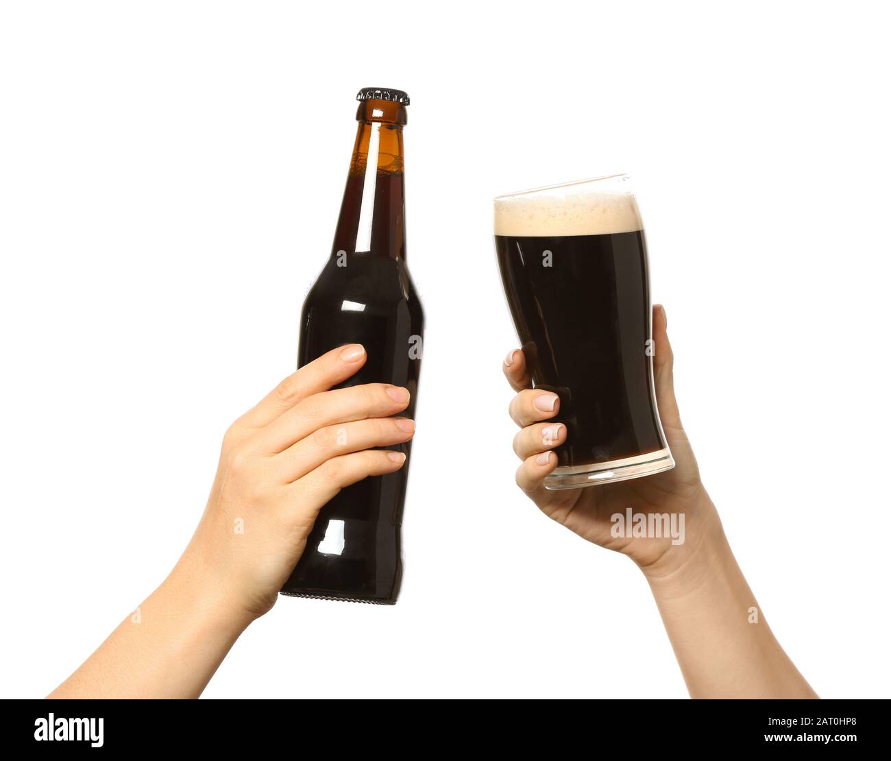 Hands with beer on white background Stock Photo - Alamy