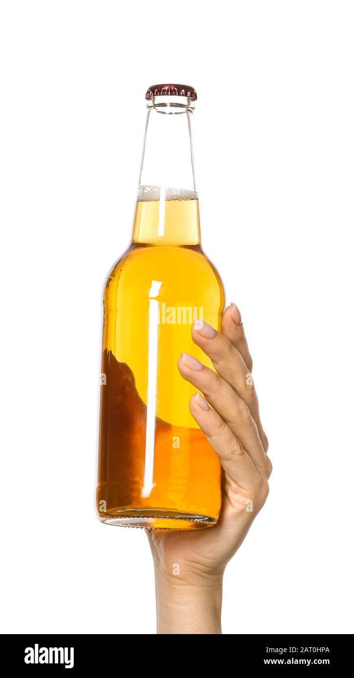 Hand with bottle of beer on white background Stock Photo - Alamy