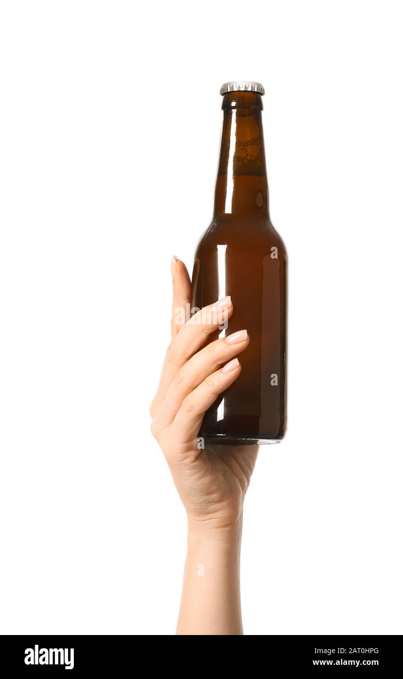 Hand with bottle of beer on white background Stock Photo - Alamy