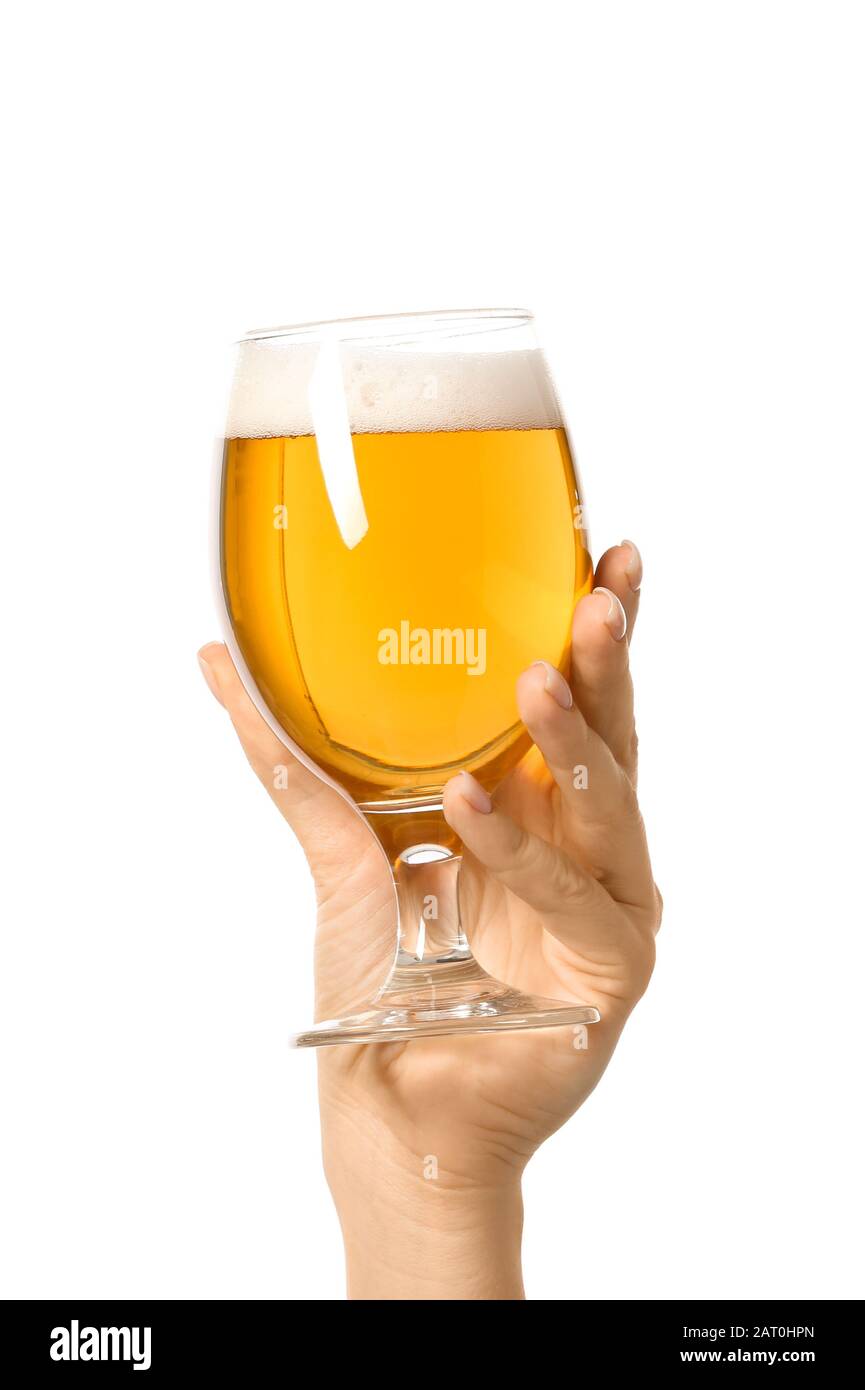 Hand with glass of beer on white background Stock Photo - Alamy