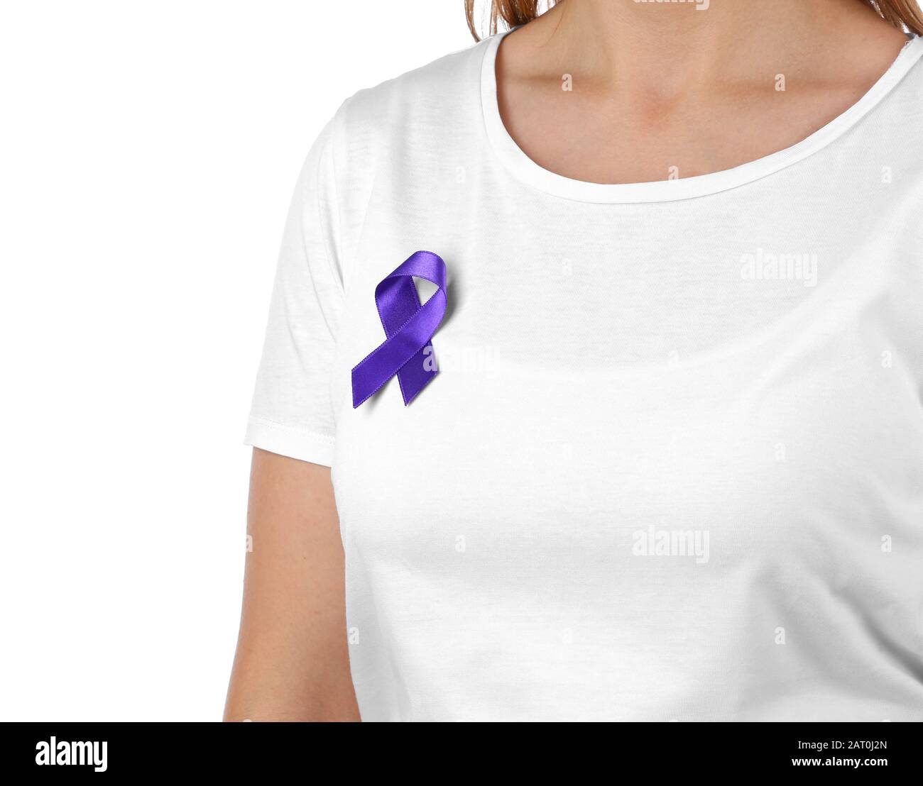 Woman with purple ribbon as symbol of World Cancer Day on white ...