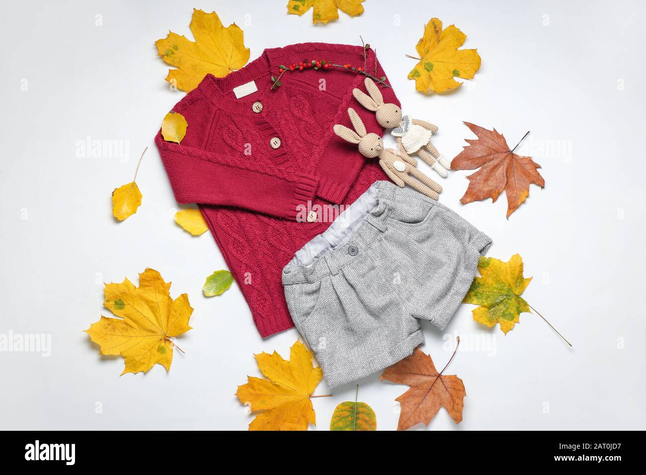 Stylish autumn kid clothes with leaves and toys on white background ...