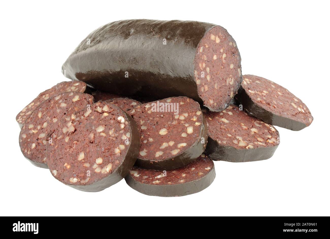 Traditional English raw black pudding isolated on a white background ...