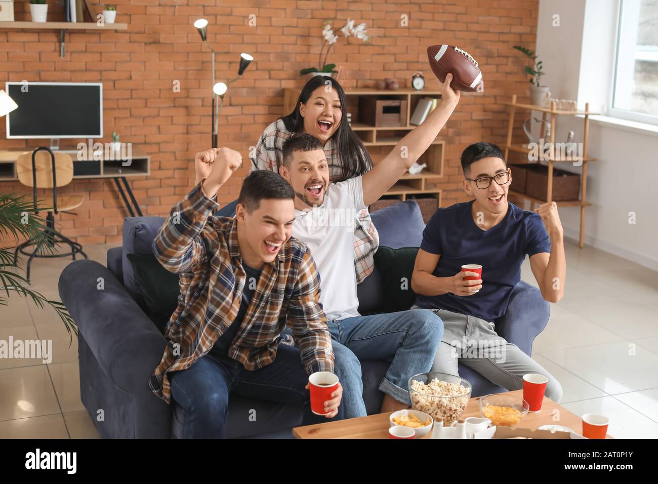 Group of fans watching rugby on TV Stock Photo - Alamy
