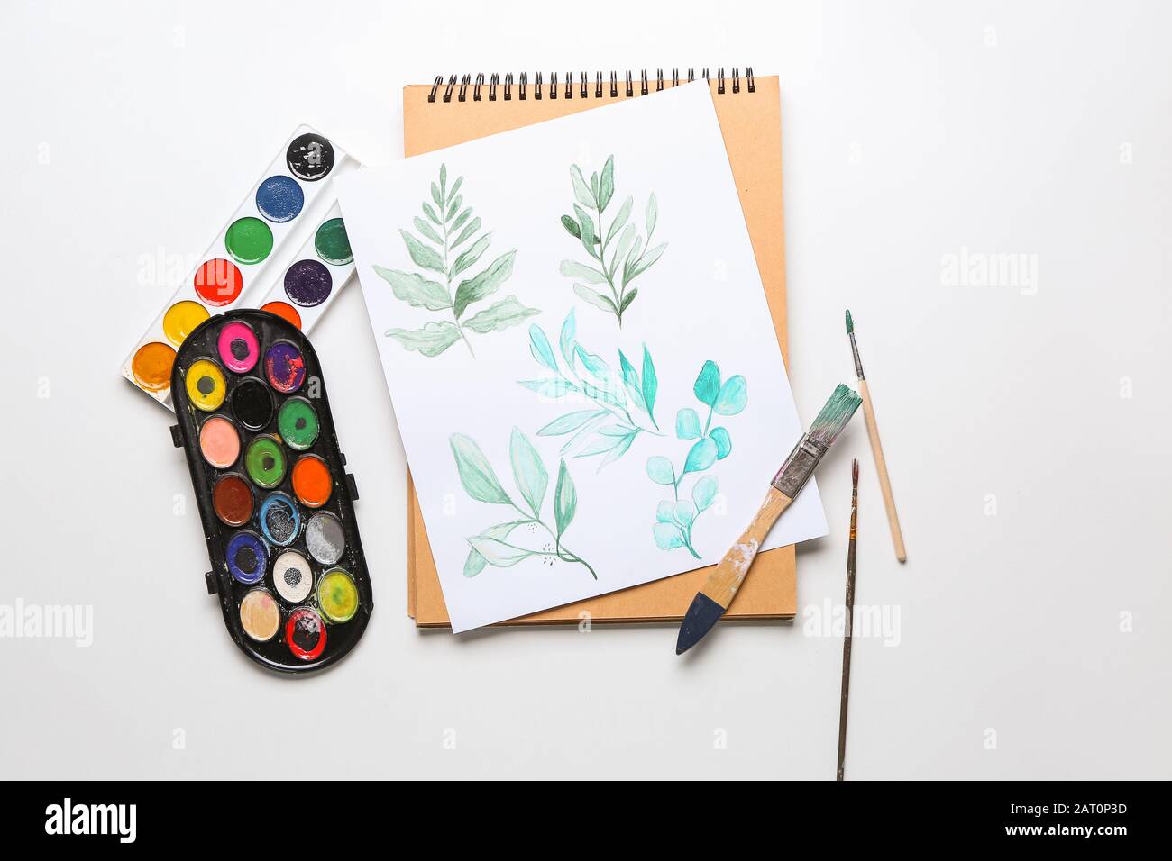 Set of artist's supplies and drawing on white background Stock Photo ...