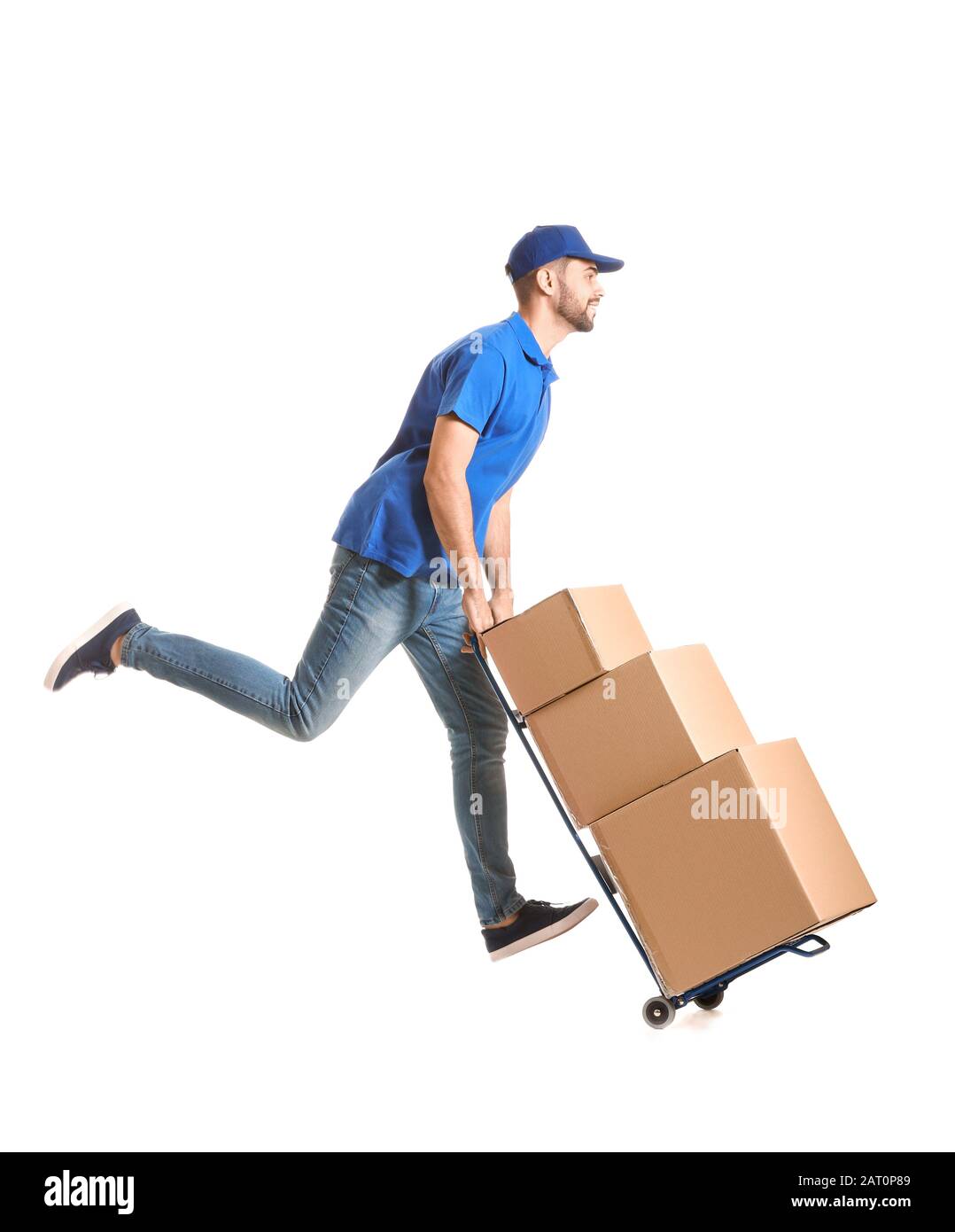 Running delivery man with boxes on white background Stock Photo - Alamy