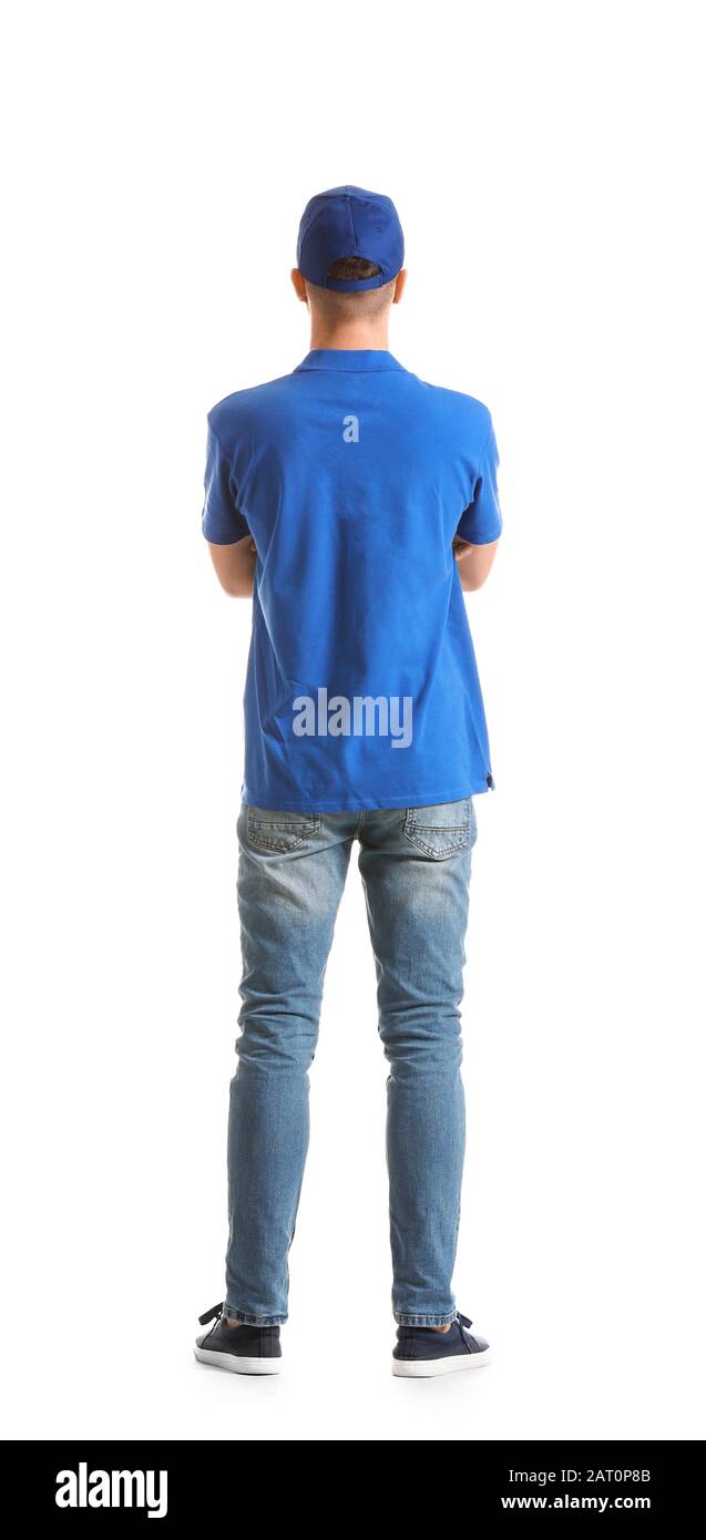 Handsome delivery man on white background, back view Stock Photo - Alamy