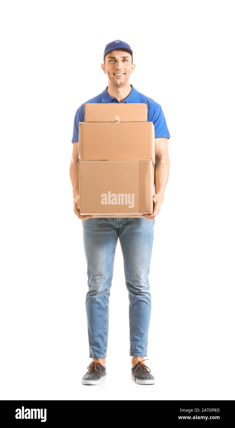 Delivery man with boxes on white background Stock Photo - Alamy