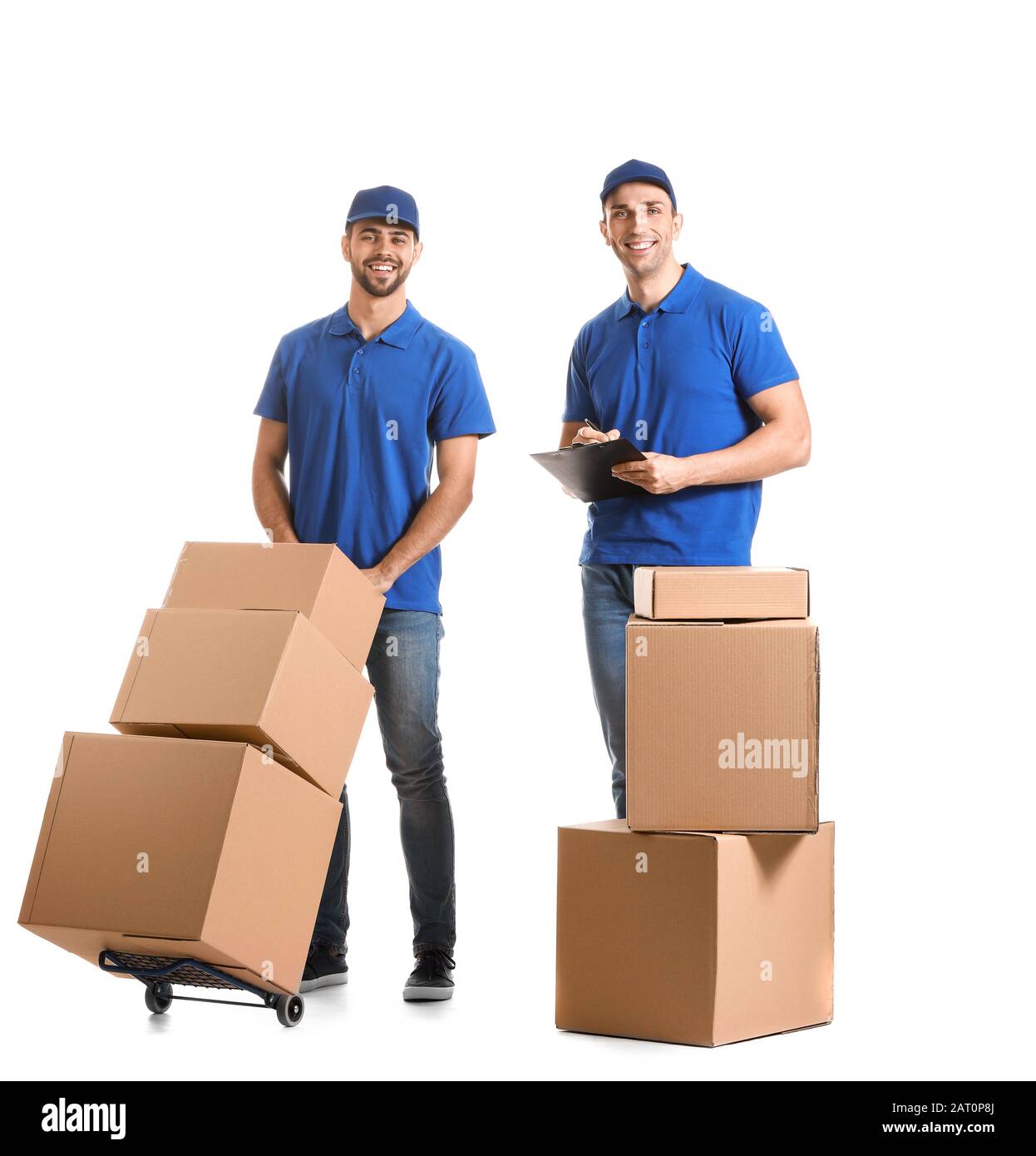Delivery men with boxes on white background Stock Photo - Alamy