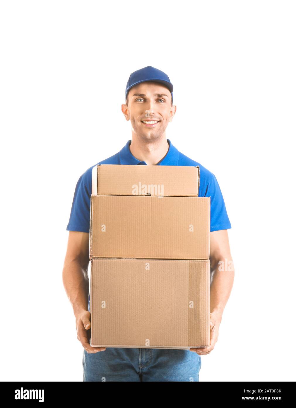 Delivery man with boxes on white background Stock Photo - Alamy
