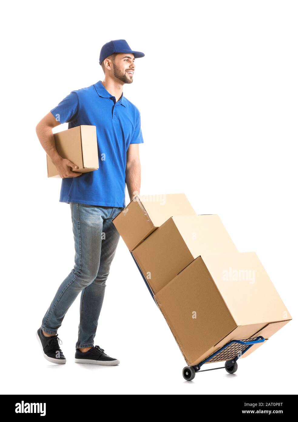 Delivery man with boxes on white background Stock Photo - Alamy