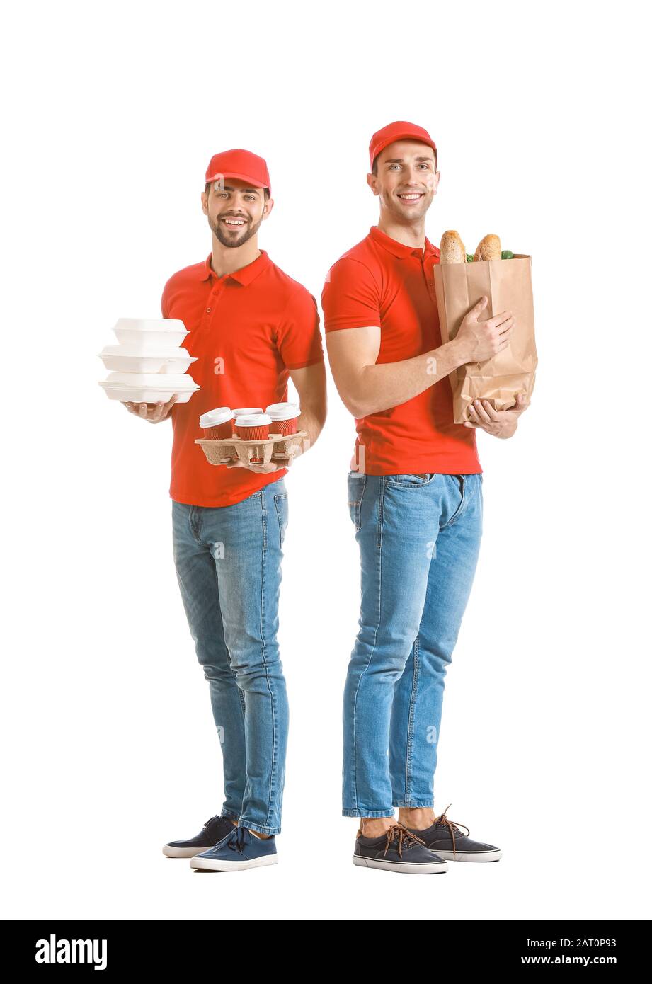 Handsome workers of food delivery service on white background Stock ...