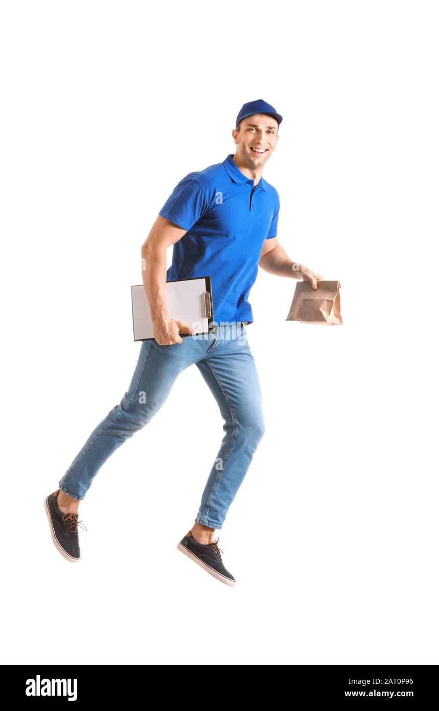 Running delivery man on white background Stock Photo - Alamy
