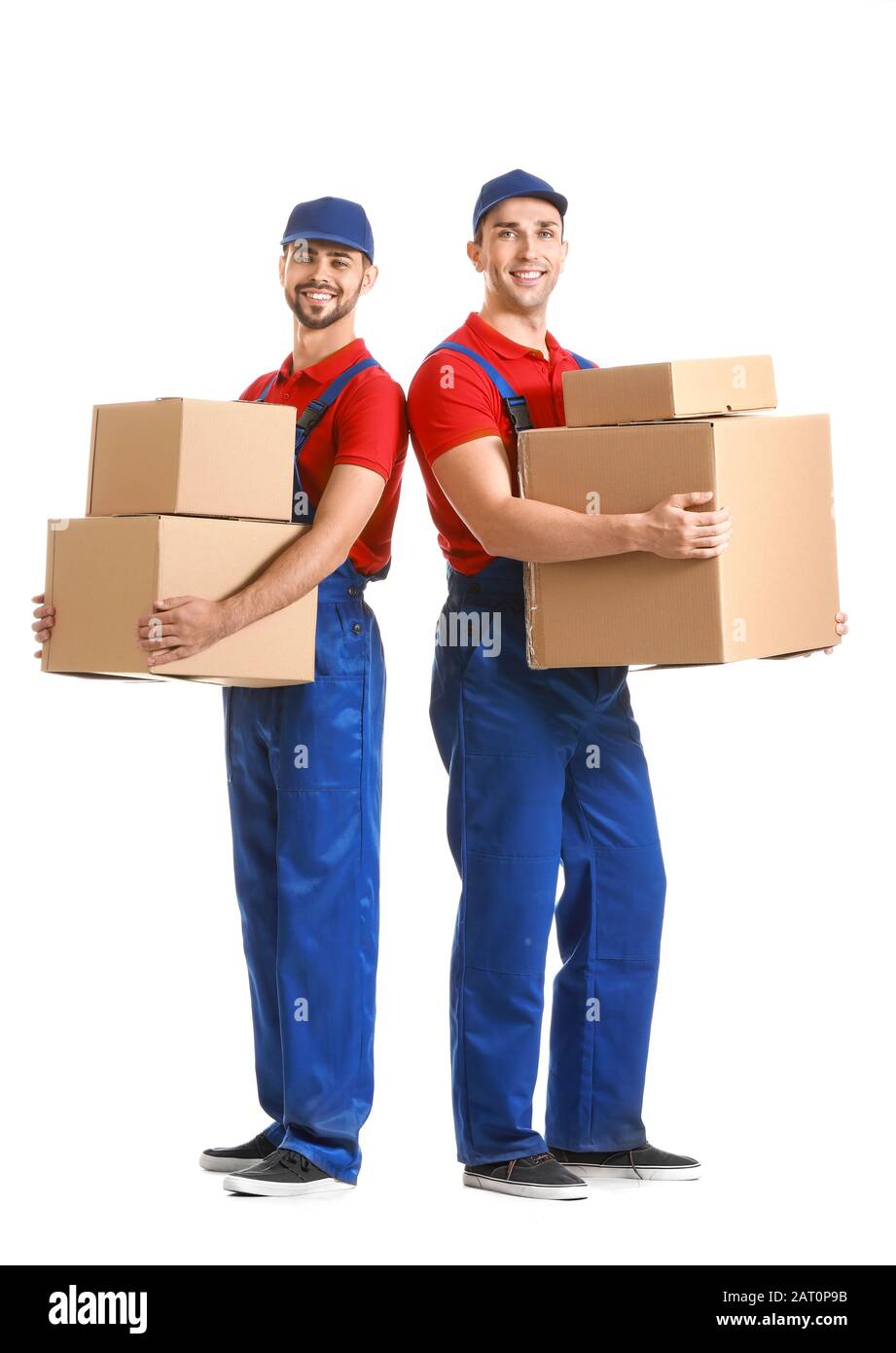 Delivery men with boxes on white background Stock Photo - Alamy