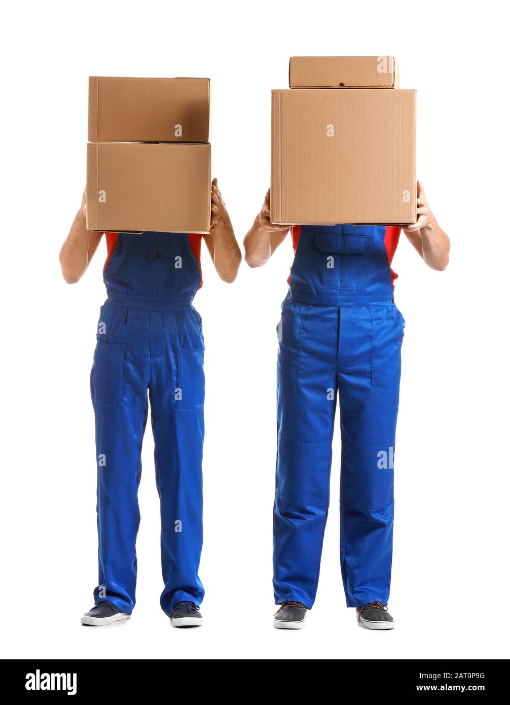 Delivery men with boxes on white background Stock Photo - Alamy