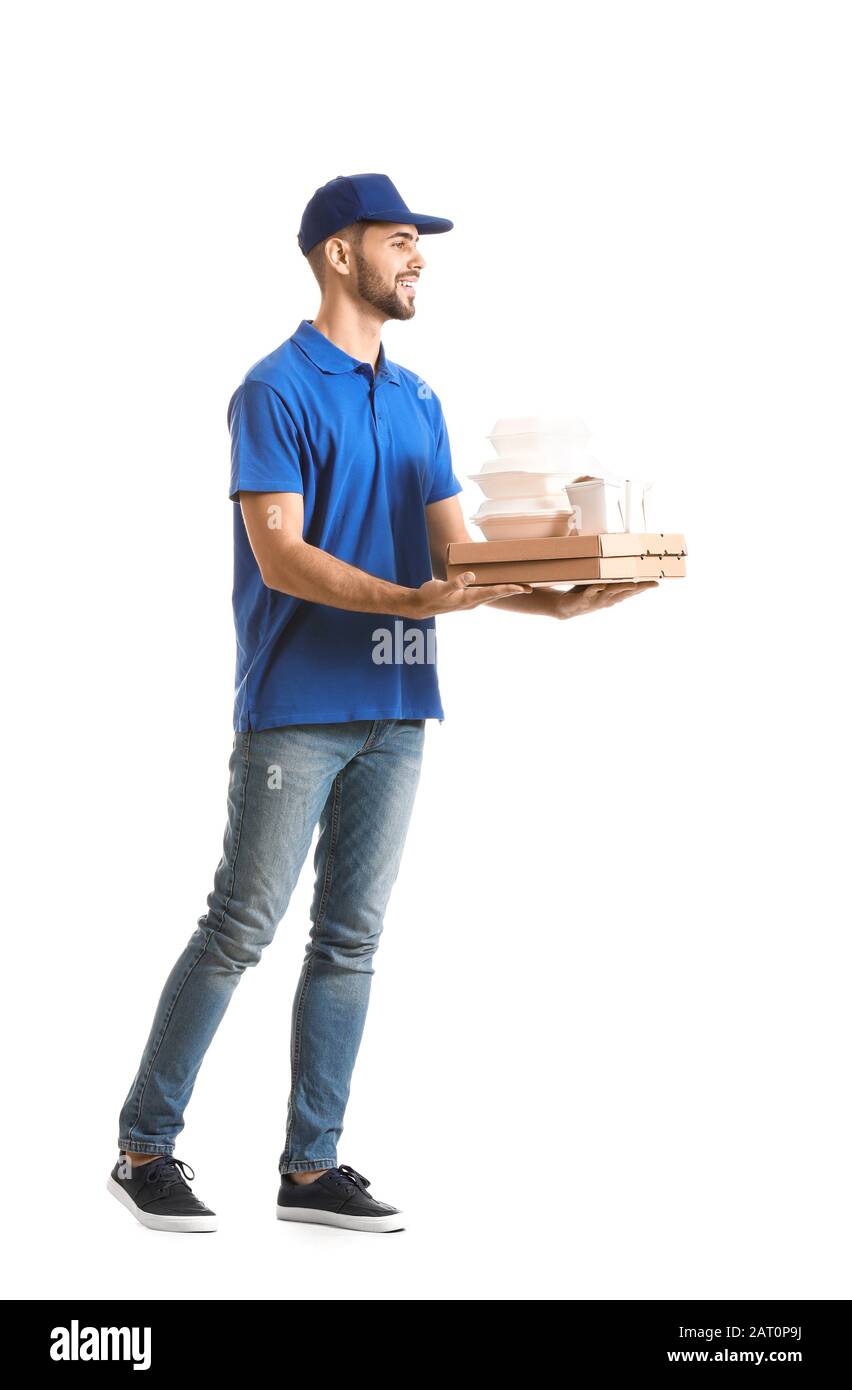 Handsome worker of food delivery service on white background Stock ...