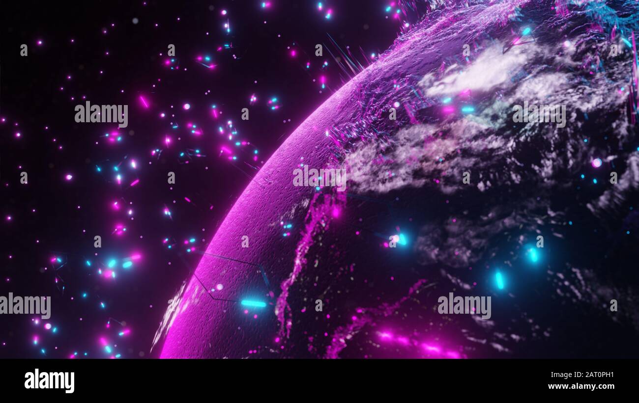 Abstract futuristic planet Earth surrounded by virtual elements. Dots ...