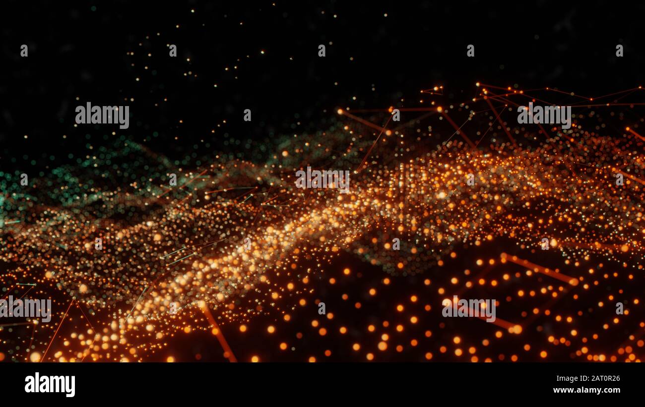 Plexus of abstract orange and green dots on a black background. Loop animations. 3D illustration ...