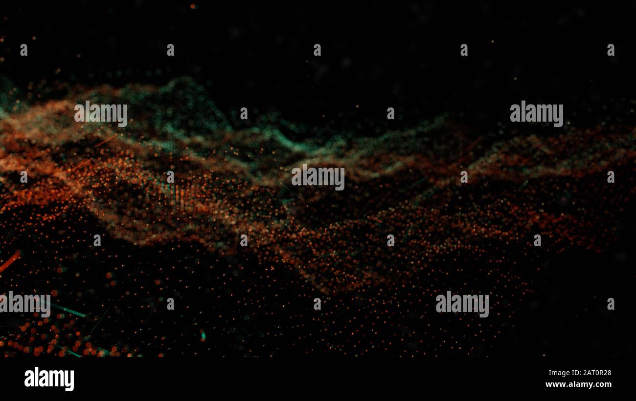 Plexus of abstract orange and green dots on a black background. Loop animations. 3D illustration ...