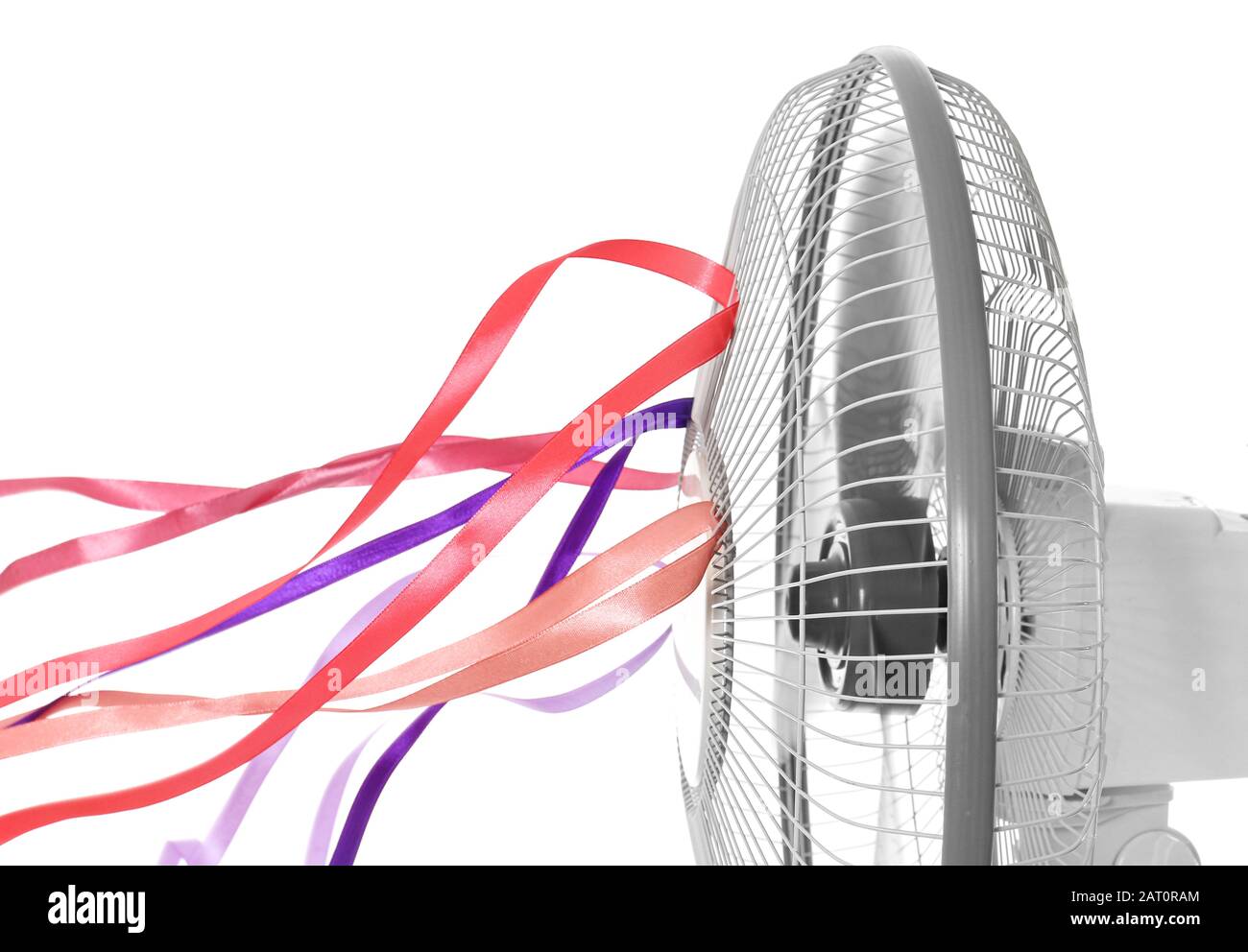 Electric fan with fluttering ribbons on white background, closeup Stock ...