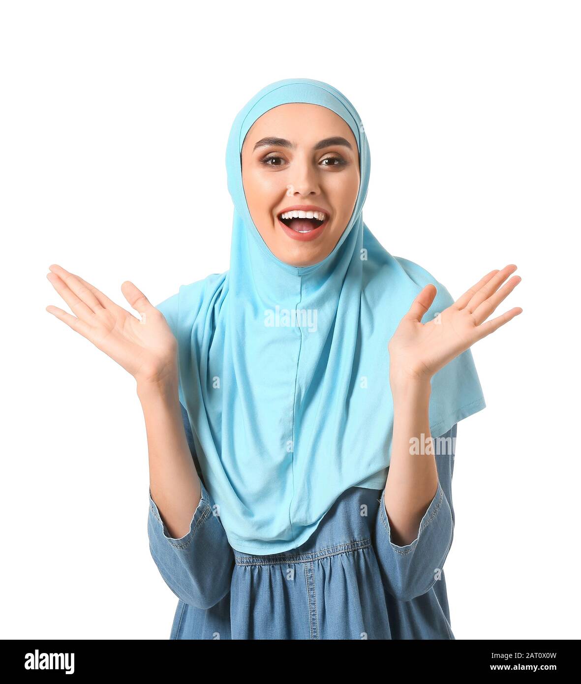 Beautiful happy Arab woman on white background Stock Photo - Alamy