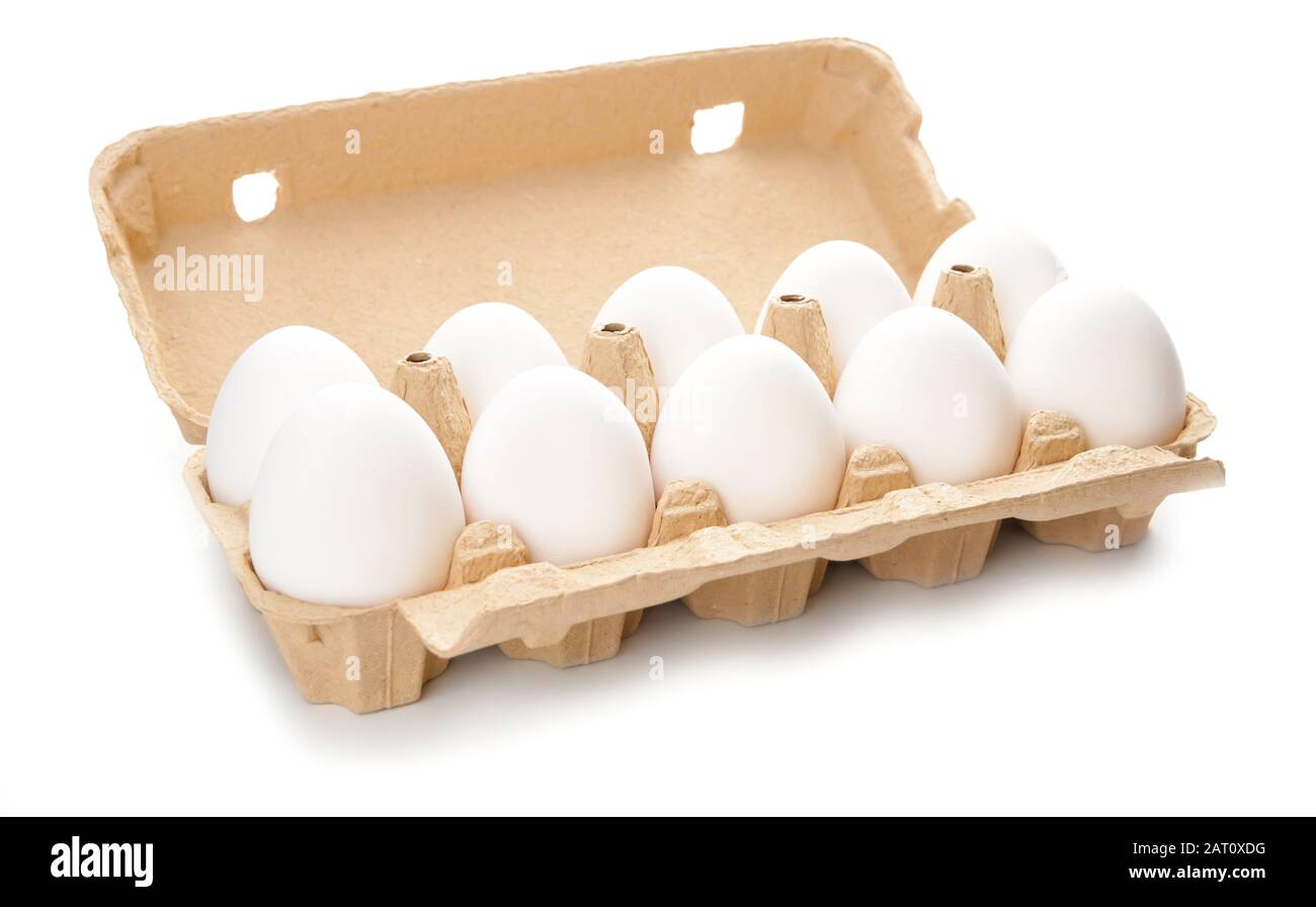 Box with fresh raw eggs on white background Stock Photo - Alamy
