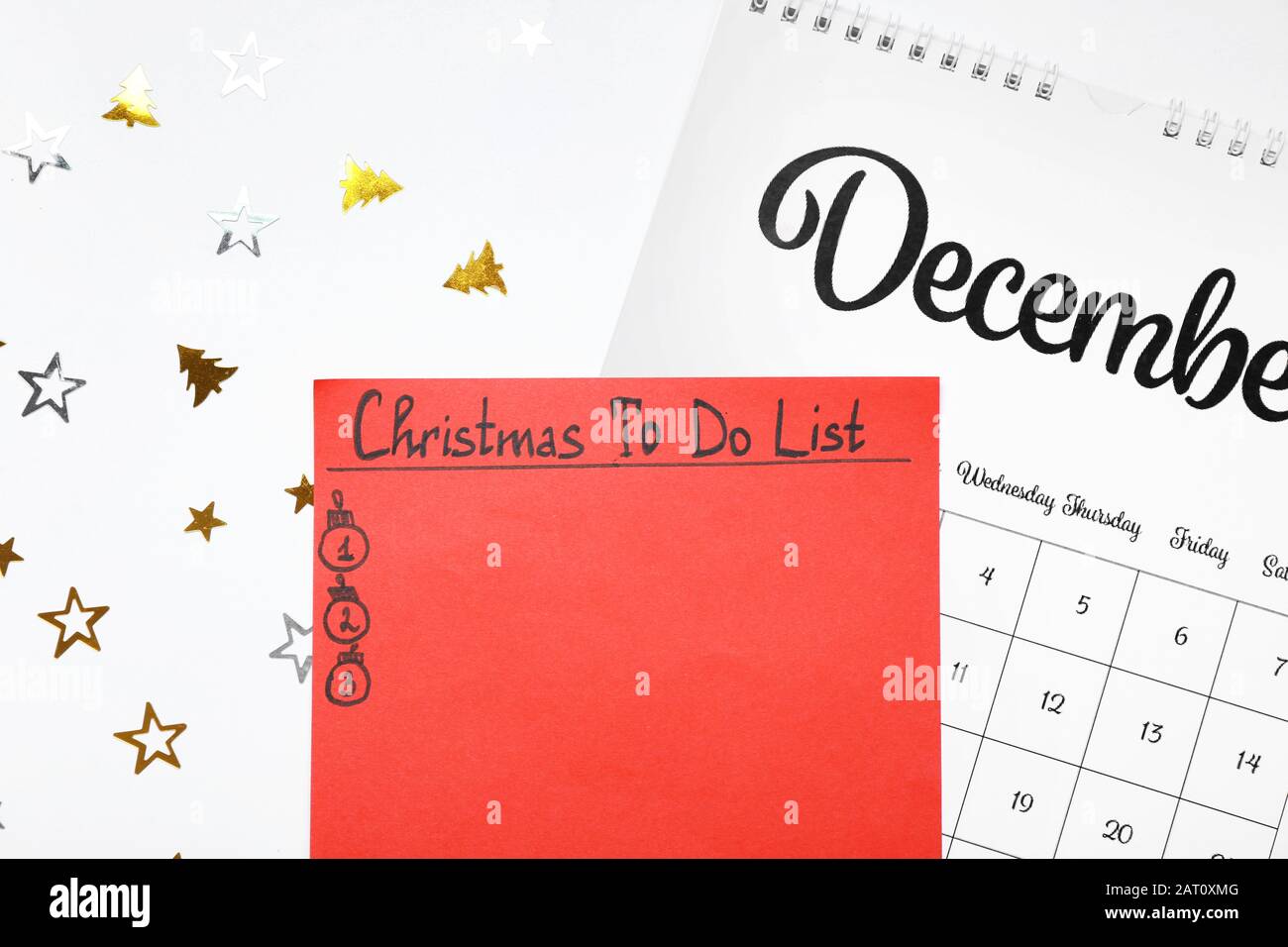 Empty to do list with calendar and decor on white background. Christmas ...