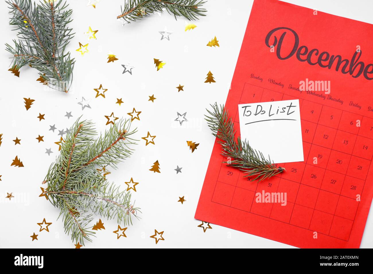 Empty to do list with calendar and decor on white background. Christmas ...