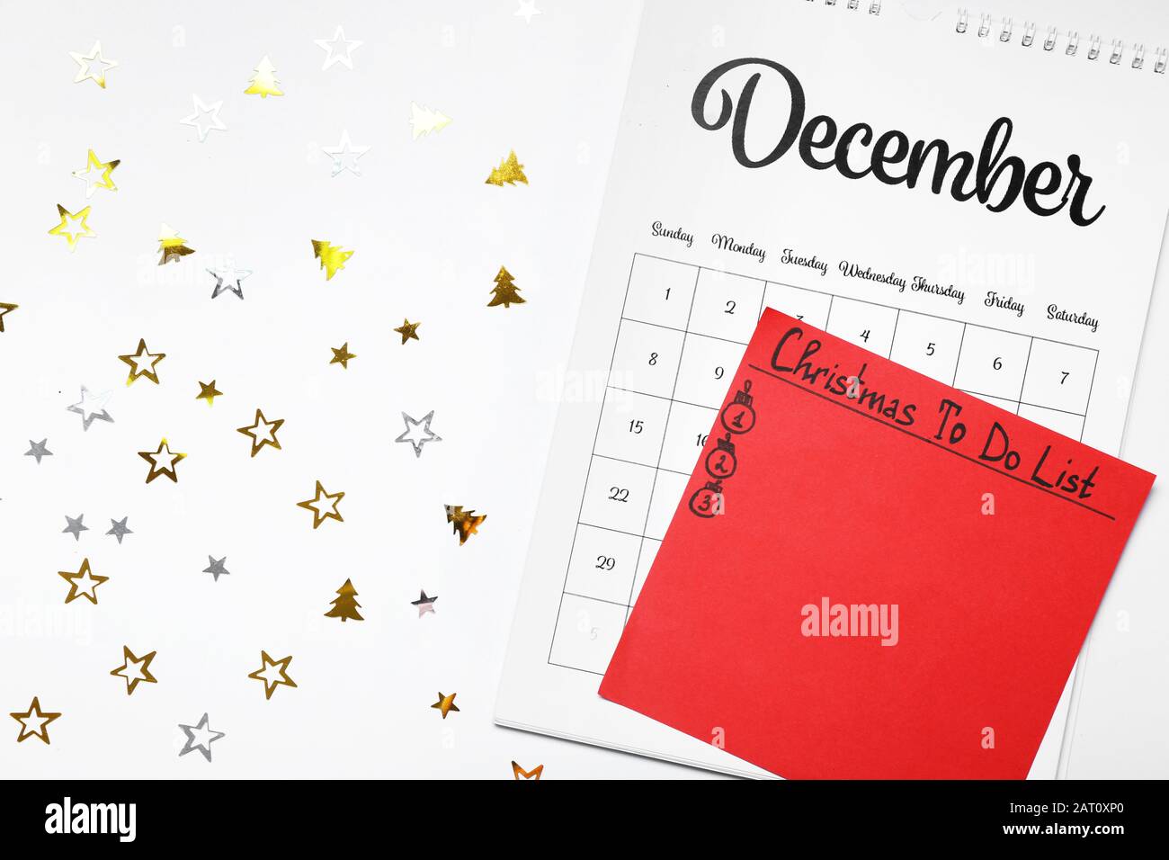 Empty to do list with calendar and decor on white background. Christmas ...