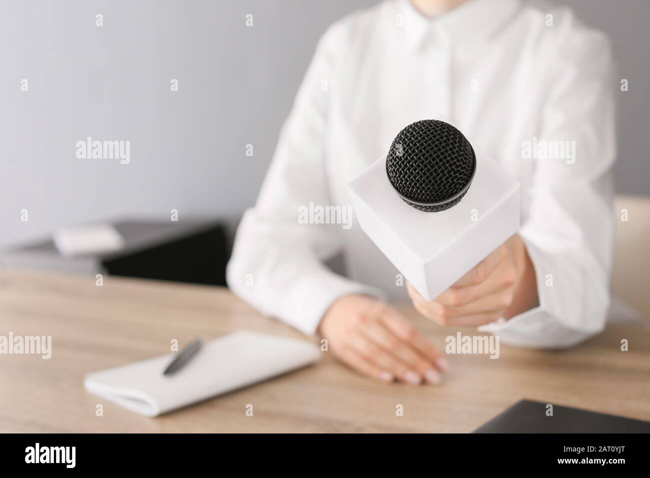 Female journalist with microphone having an interview in office ...